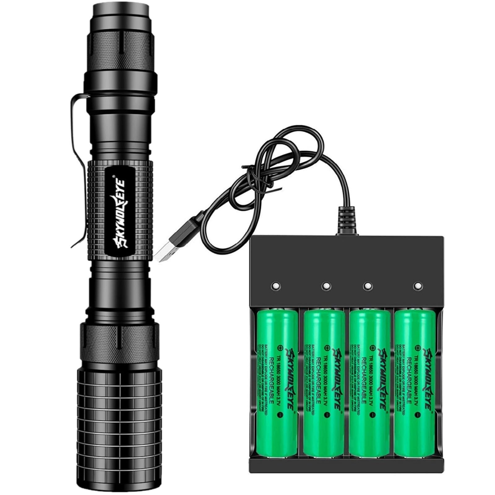 LED Flashlights 4-pcs Rechargeable Battery and Battery Charger 4 Bay Dual Power Flashlight with Clip 5 Modes Water Resistant High Lumen for Hiking Camping Hunting Fishing (Green)