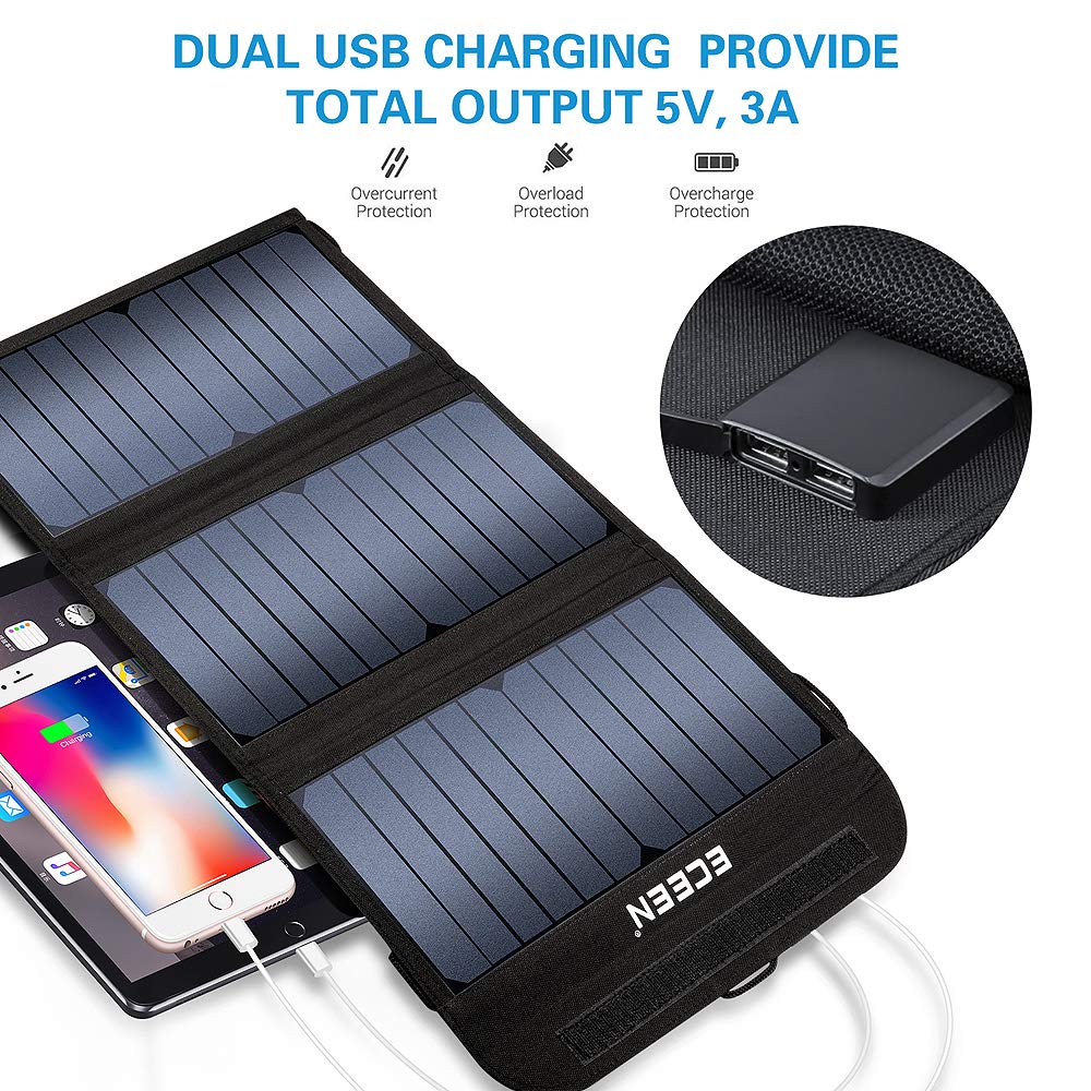 ECEEN Portable Solar Charger, 20W Solar Panel Charger for Cell Phone with Dual USB Output Waterproof Foldable Camping Solar Pnaels Survival Emergnecy Kit for Tablet GPS iPhone Camera & USB Devices