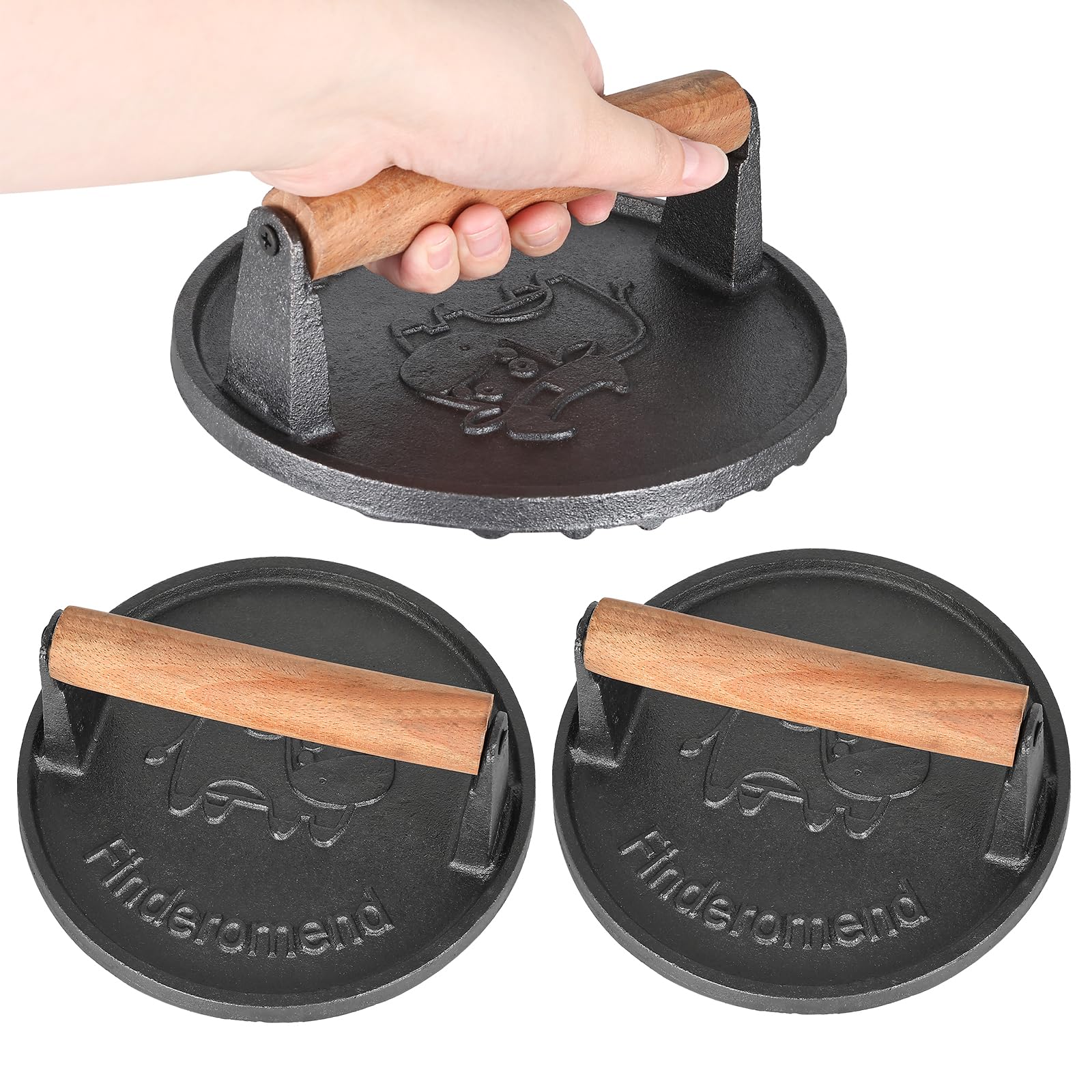 Finderomend Hamburger Press,Cast Iron Grill Press,Heavy Duty Smash Meat,Bacon,Steak & Burger Press with Wooden Handle for Blackstone Pitboss Weber Treager Griddle (Calf-Round 3)