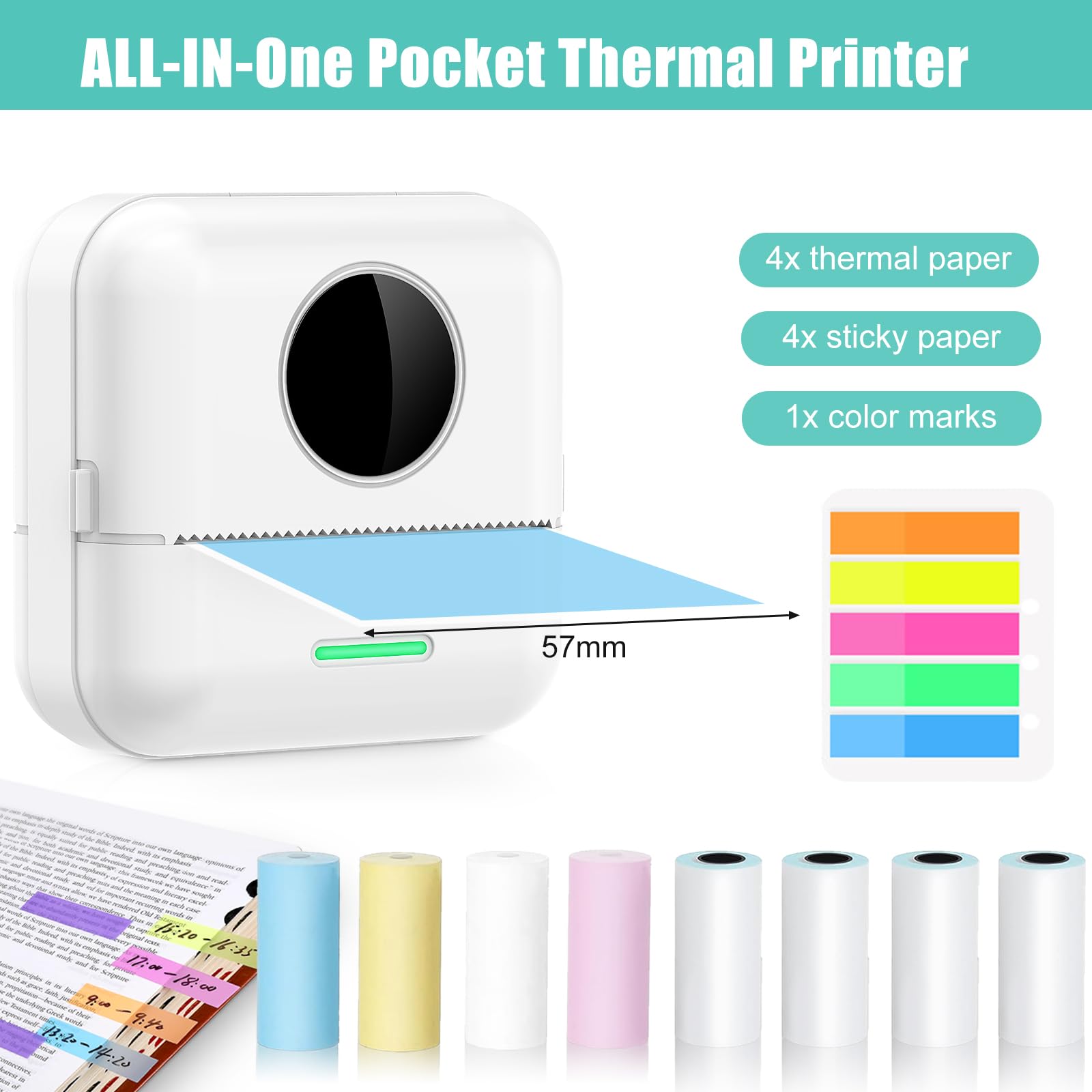 Mini Thermal Printer, Portable Inkless Photo Printer with 8 Rolls Continuous Paper, Pocket Printer Sticker Maker for Study Notes, Labels, Journal, USB Rechargable Mini Printer for iOS Android