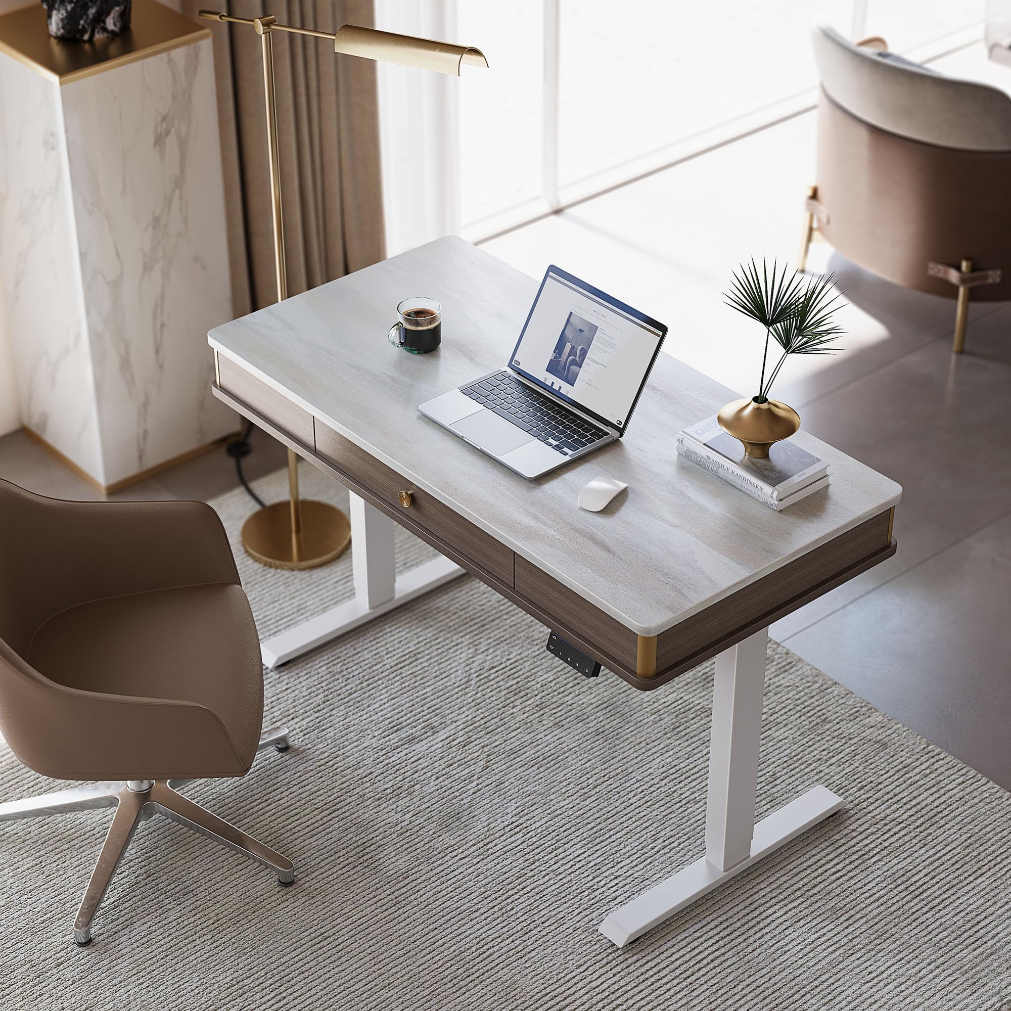 FEZIBO 48X26 Inches Boho Style Height Adjustable Electric Standing Desk with 3 Rattan Drawers, 48X26 Inches Stand up Desk with Large Storage Space, White(2 Packages)