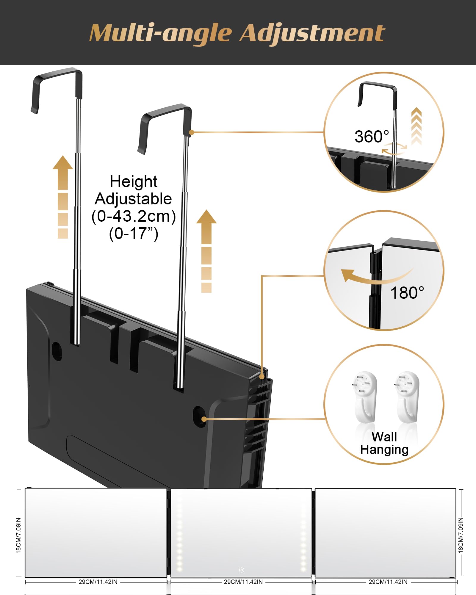 JUSRON 360 Viewing Angle Self Hair Cutting Mirror, Clear Anti-Fog HD Glass (Black with LED, with Accessories)