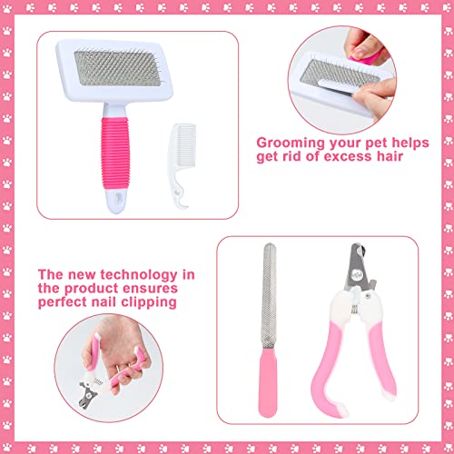 VCZONE 8 Pcs Small Animal Pink Grooming Kit, Rabbit Grooming Kit with Pet Nail Clipper and File, Flea Comb, Pet Shampoo Bath Brush , Pet Shedding Slicker Brush, Bath Massage Glove, Cleaning Comb (Pink)