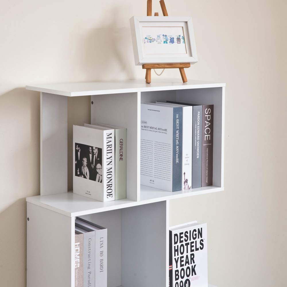 Frama 3-Shelf Creative Storage Bookcases Room Divider, S-Shaped Z-Shelf Bookshelf Standing Storage Shelves for Bedroom, Living Room, Home Office, White
