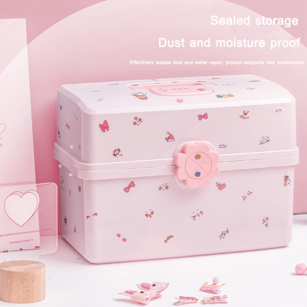 Srutirbo Hair Accessories Organizer for Girls,Portable 3-Layers Plastic Box with Fold Tray and Handle, Lockable Container for Art Supply, Makeup, Nail, Hair Accessories