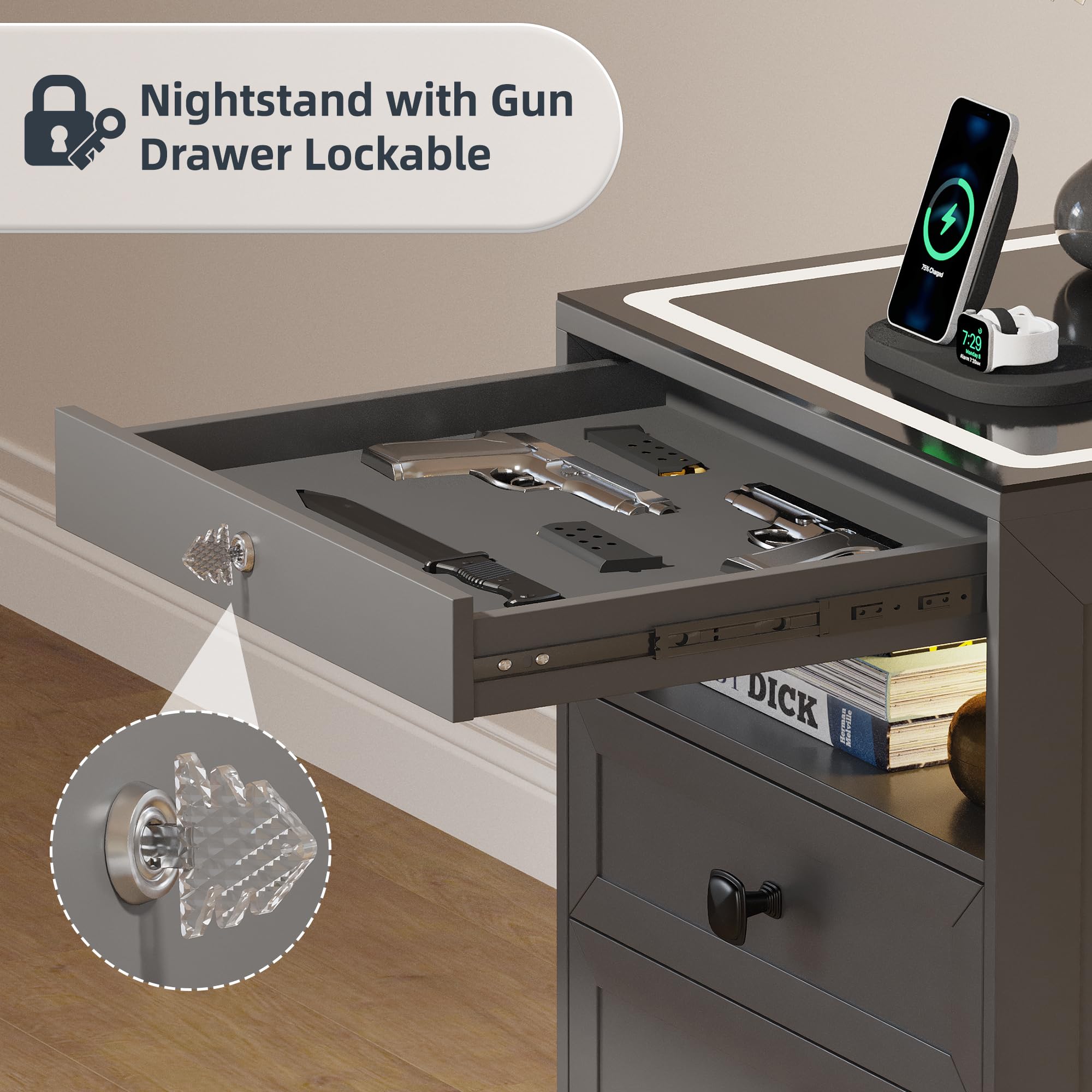 Lvifur RGB Nightstand with Gun Drawer, Glass Top Bedside Table with Wireless Charger Station, LED Night Stand with Human Sensor Design, Modern End Table for Bedroom Living Room (White)