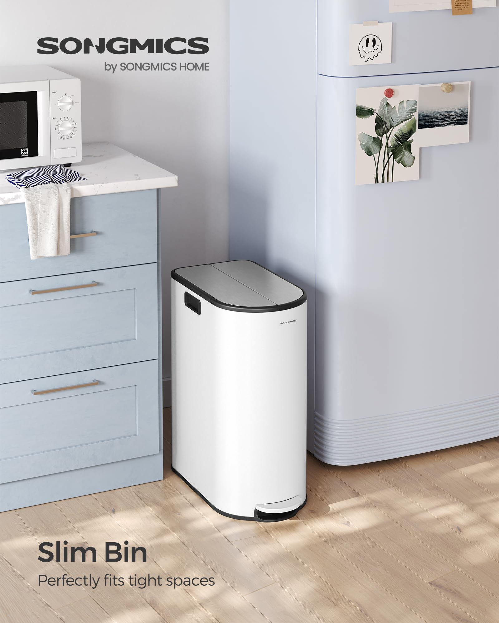 SONGMICS 13-Gallon Dual Kitchen Trash Can, 5.3 and 8 Gallon Compartments, Garbage Can with Wing Lids, Stainless Steel, Soft Close, Inner Buckets, Cloud White and Metallic Silver ULTB570W50