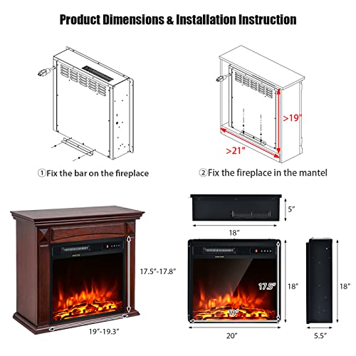 Tangkula 18 Inch Recessed Electric Fireplace Insert, 1500W Freestanding Fireplace Stove Heater W/Adjustable Flame Effect & Temperature, Built-in Thermostat, Timing Function, Remote Control