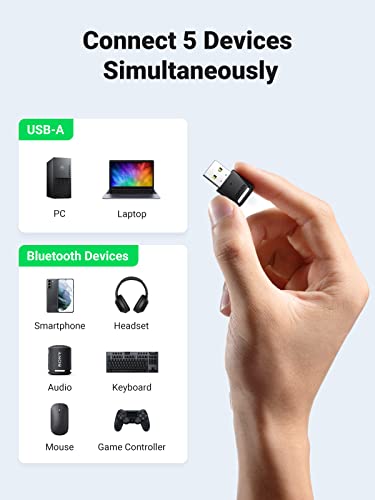 UGREEN USB Bluetooth Adapter for PC Bluetooth 5.0 Dongle Receiver Support Windows 11/10/8.1/7 Desktop Laptop Compatible with Headphones Printer Speaker Mouse Keyboard PS4/ Xbox Controllers