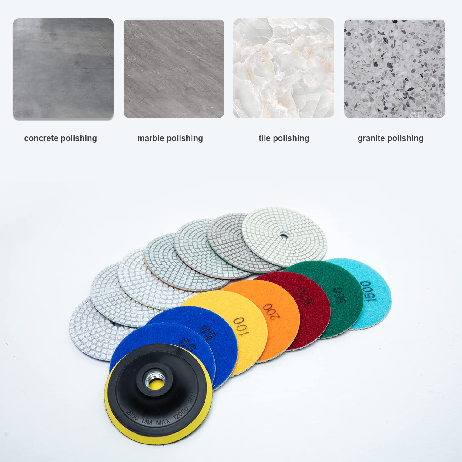 SSATISCN 4 Inch Diamond Polishing Pads with 5/8ββ-11 Backer Pad 8PCS Wet/Dry Polish Pad Kit 50-1500 Grit for Tile Granite Marble Concrete Polishing