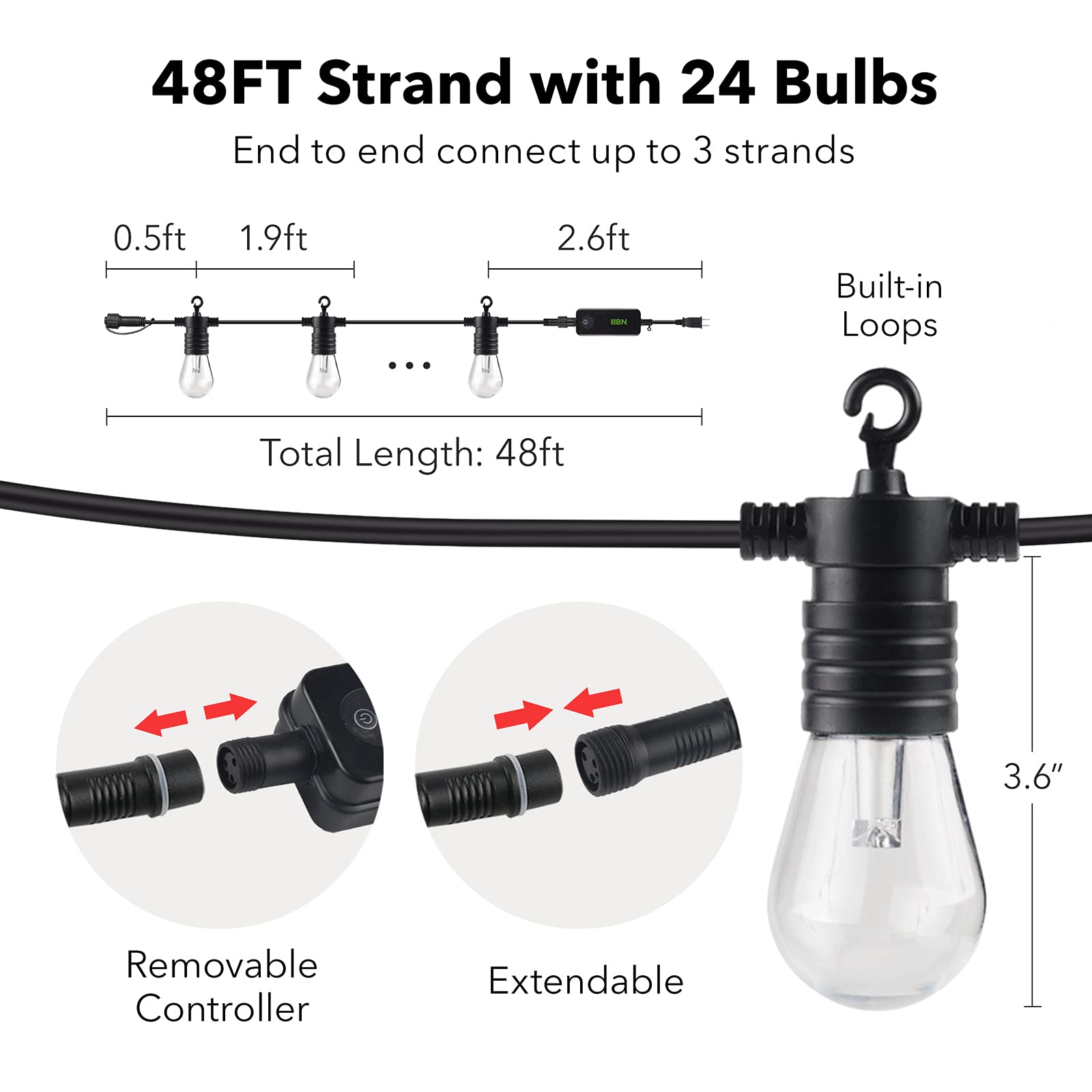 HBN Smart Color-Changing Outdoor String Lights - 48ft, LED, 24 Bulbs, 2.4 Ghz WiFi Needed-Compatible with Alexa, Google Assistant, iOS and Android (Tuya Smart App Needed) No Smart Hub Required