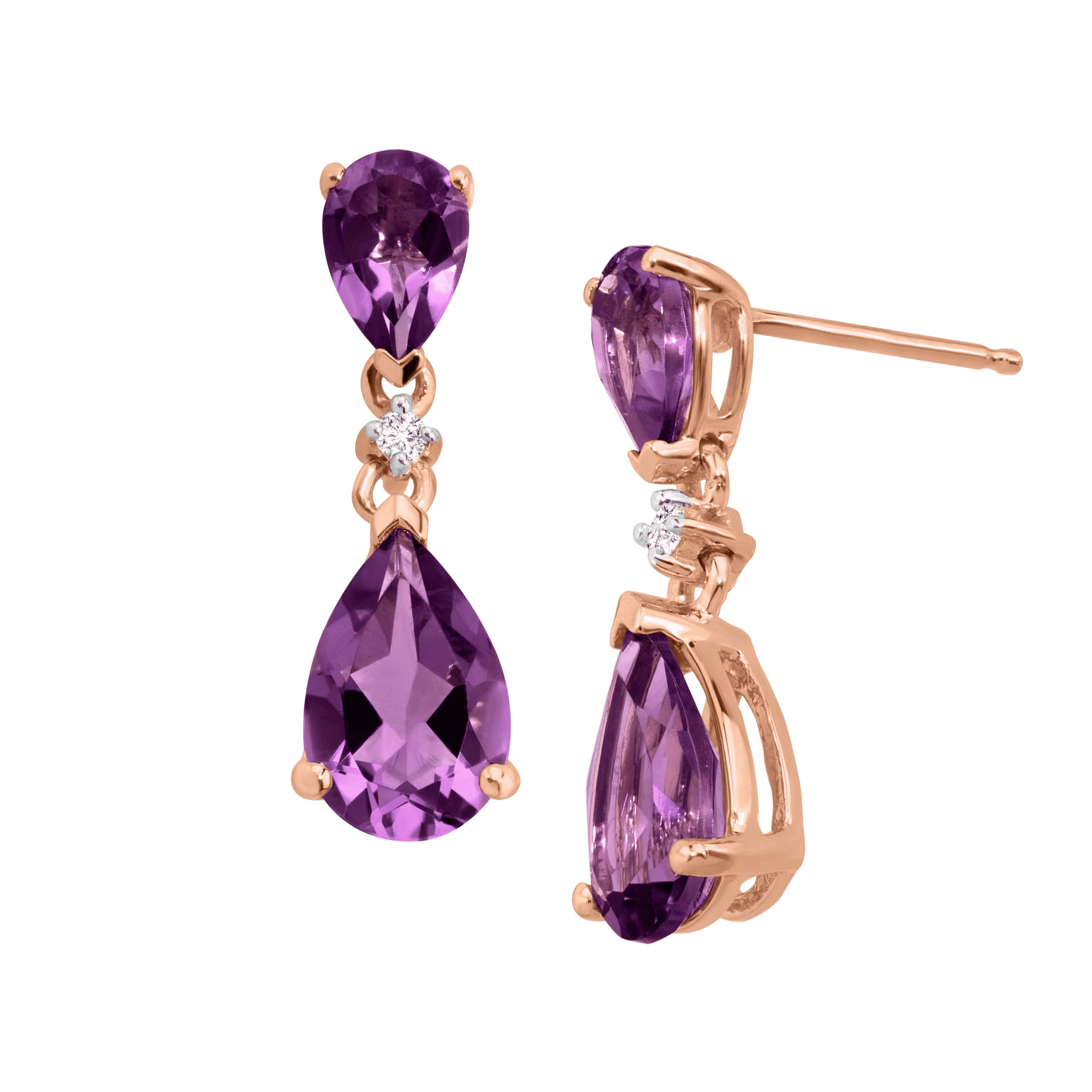 Finecraft Natural Amethyst Drop Earrings with Diamonds in 14K Rose Gold