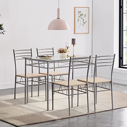 VECELO Kitchen Dining Table Sets for 4, 5 Piece Small Dinette with Chairs, Burnished Silver