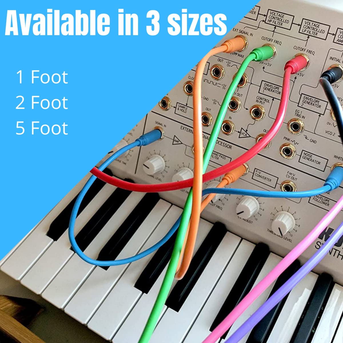 Eurorack Patch Leads. Pack of 6 Multi-Colored 3.5mm Mono Patch Cables (1 Foot)