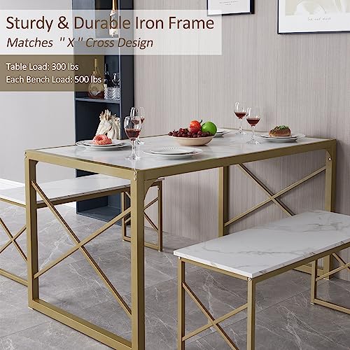 VECELO Kitchen Table with 2 Benches for 6,Wood Dining Room Dinette Sets with Metal Frame for Breakfast Nook and Small Space, 55", White&Gold