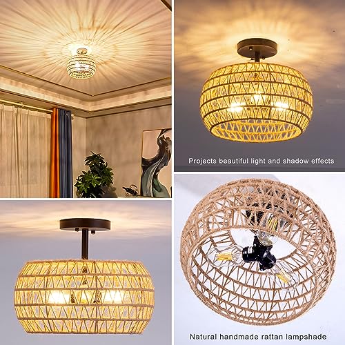 Rattan ceiling light With natural Woven,3-Lights Semi Flush Mount Ceiling Light,twine with Woven Lamp Shade,size 10*12",Boho Ceiling Light Fixtures for Kitchen Dining Room Bedroom Hallway Guesthouse