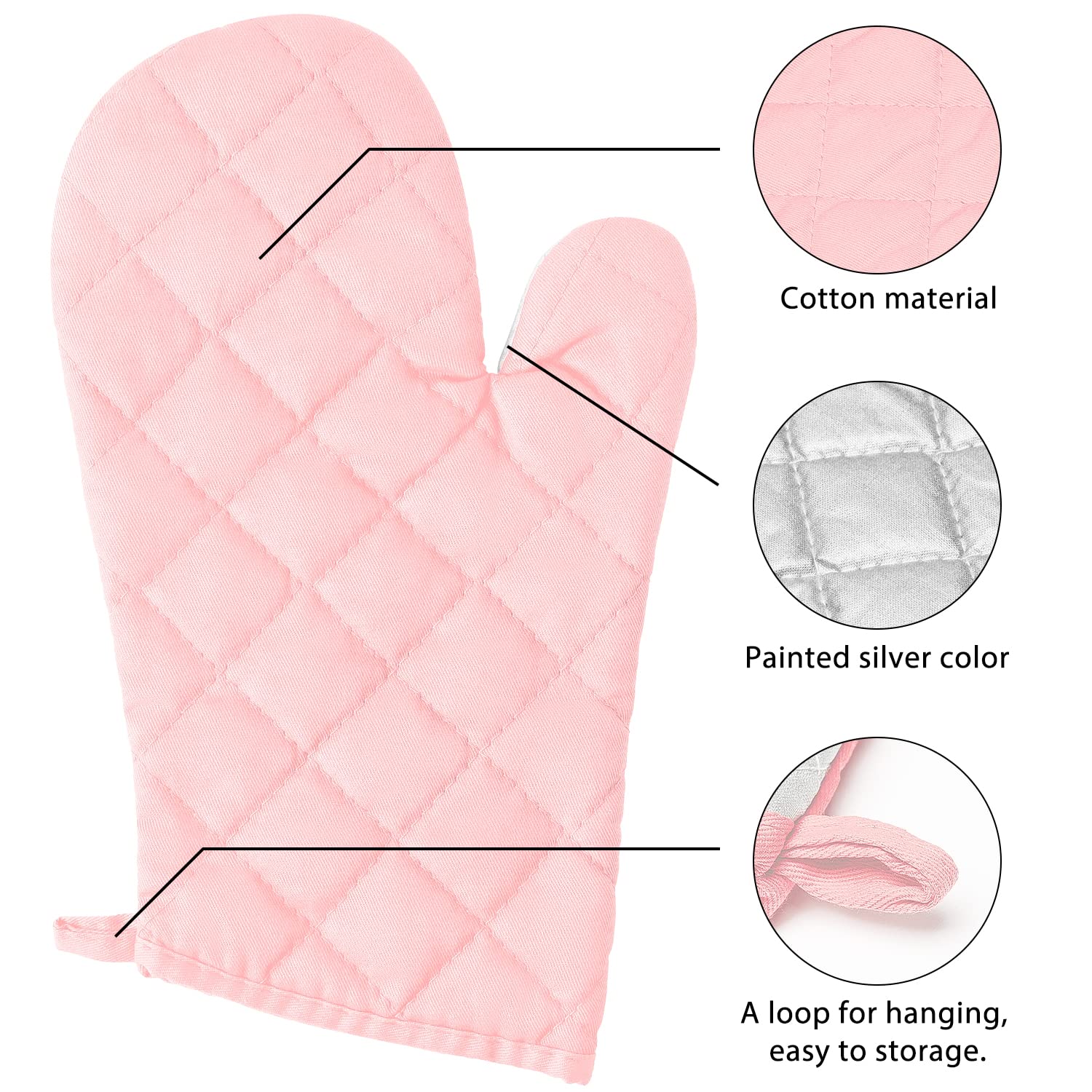 GROBRO7 6Pcs Cotton Oven Mitts and Pot Holders Set Heat Resistant Hot Pads Durable Pocket Pot Holder Machine Washable BBQ Gloves with Hanging Loop for Safe Kitchen Baking Cooking Grilling Pink