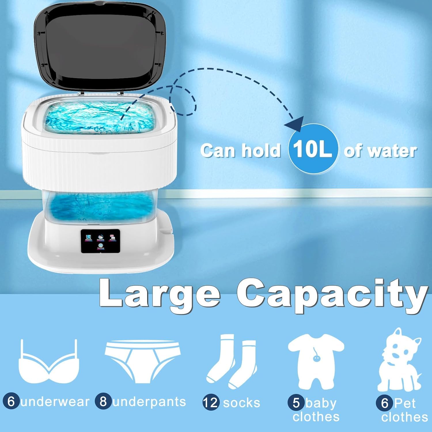 Mini Washing Machine, 10L Portable Washer and Dryer Foldable Washer Machine, Small Washer, Bucket Laundry Machine with Deep Cleaning for Baby Clothe, Underwear, Socks, RV, Grey