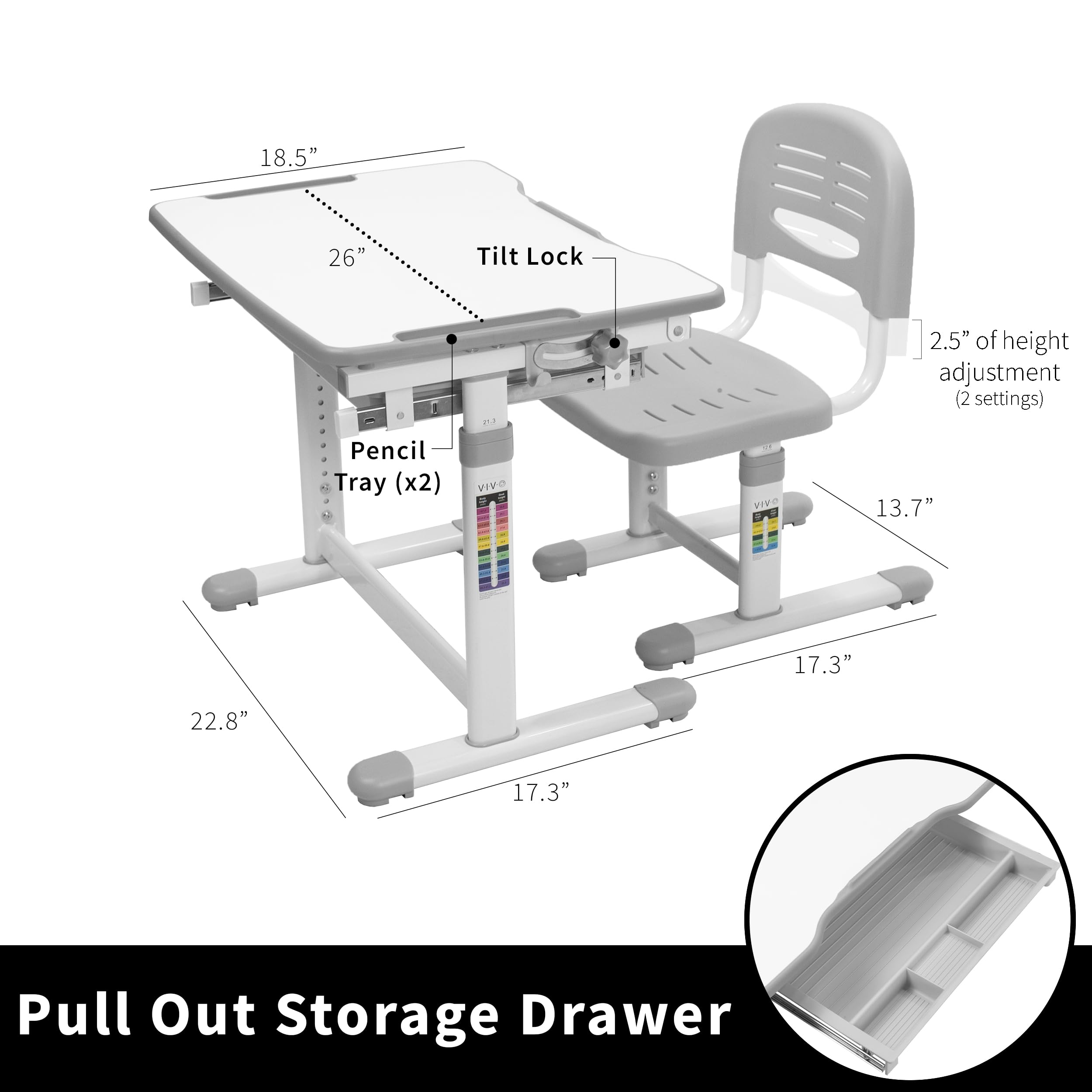 VIVO Gray Height Adjustable Childrens Desk and Chair Set | Kids Interactive Workstation