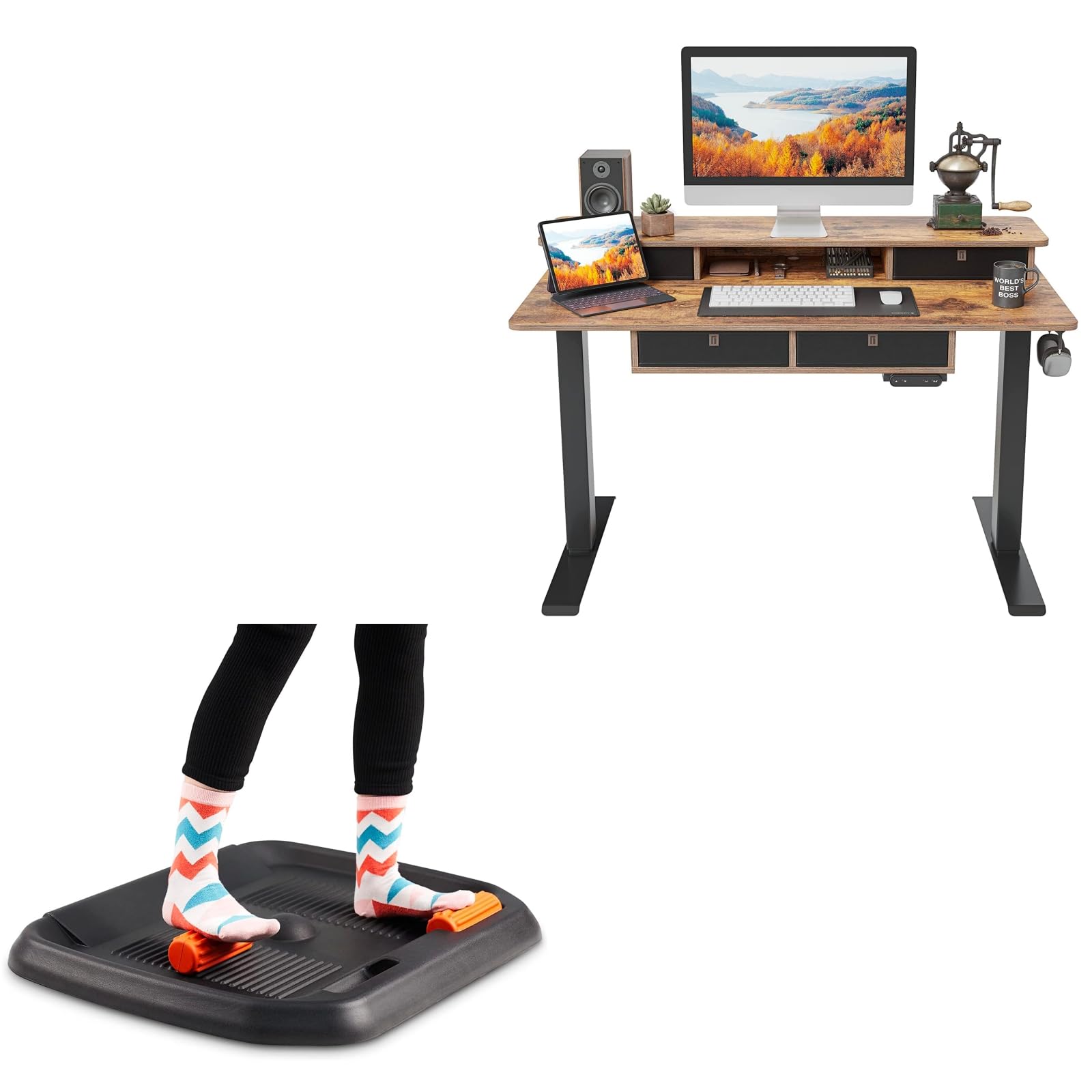 FEZIBO Height Adjustable Desk with 4 Drawers Storage and Anti Fatigue Mat