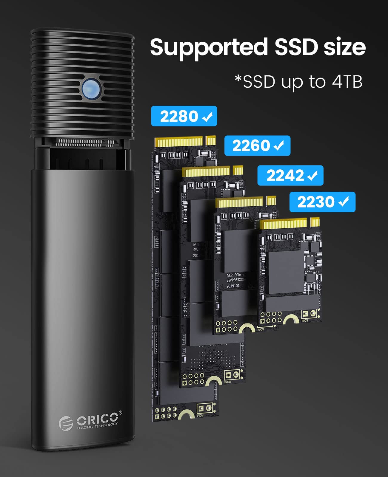ORICO M.2 NVMe SSD Enclosure 40Gbps M.2 to USB-C Adapter for NVMe M-Key 4TB SSD 2280, Aluminum M2 External SSD Case, Compatible with Thunderbolt 3/4 USB3.2/3.1/3.0/Type C
