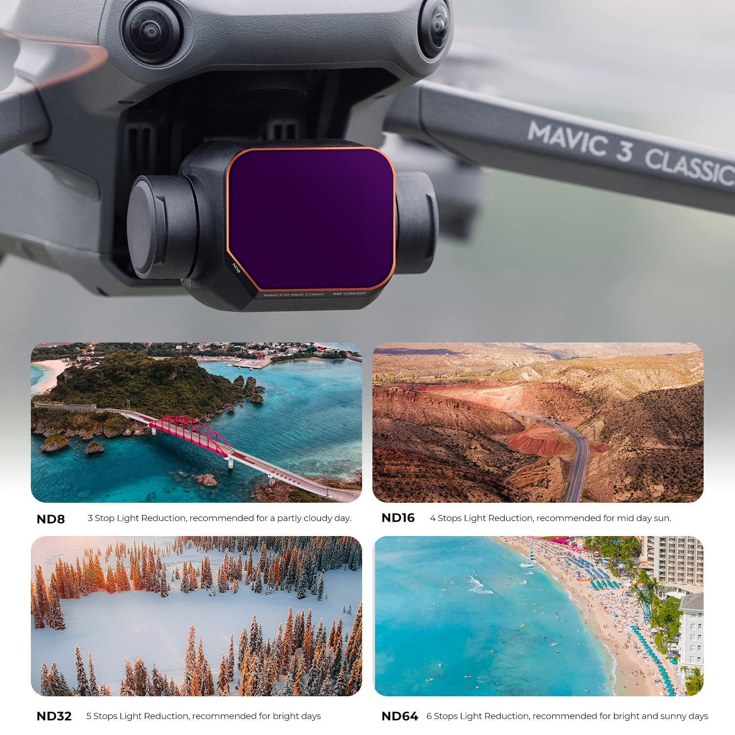 K&F Concept Mavic 3 Classic Drone ND Filters Kit -4 Pack, ND8 ND16 ND32 ND64 Compatible with DJI Mavic 3 Classic Drone Accessories-Aluminum Alloy