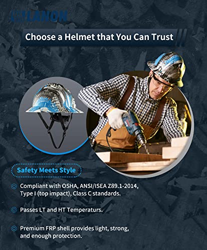 LANON Full Brim Hard Hat, OSHA Construction Work Approved, Blue Pattern Design, FRP Safety Helmet with 4 Point Adjustable Ratchet Suspension, Class C