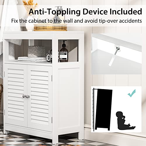 Tangkula Bathroom Storage Floor Cabinet, Free Standing Storage Cabinet with Double Shutter Doors and 3-Position Adjustable Shelves, Wooden Storage Cabinet Organizer for Bathroom, Living Room (White)