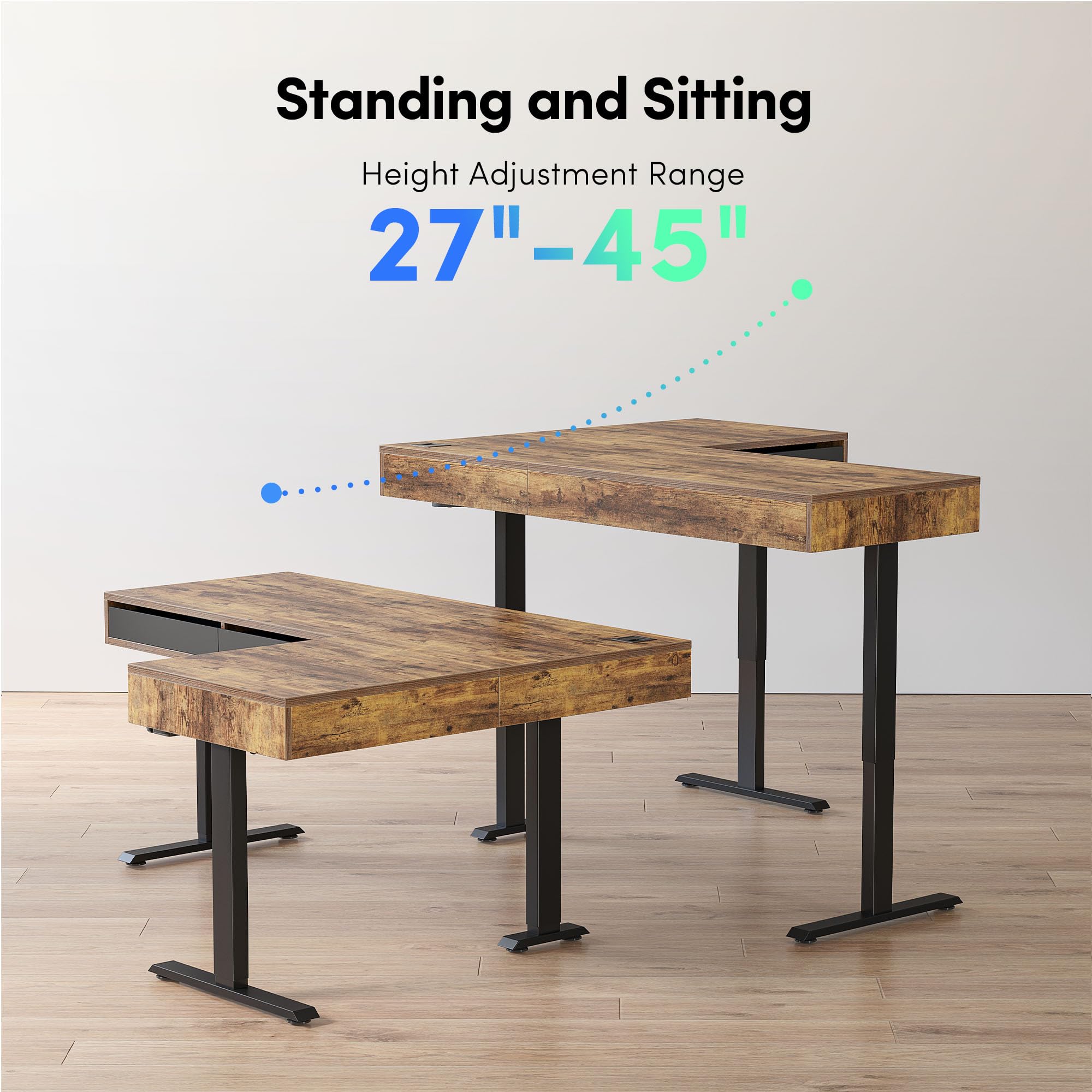 FEZIBO Whole-Piece L Shaped Standing Desk Adjustable Height with 3 Drawers, 63 x 48 Inches Adjustable Desk L Shape, Rustic Brown(2 Packages)