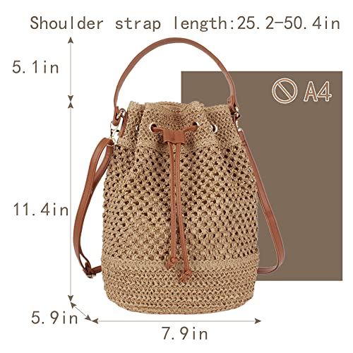 Hyuyikuwol Lightweight Straw Crochet Drawstring Bucket Bag Beach Bag Hollow Out Shoulders Bag for Women One Size