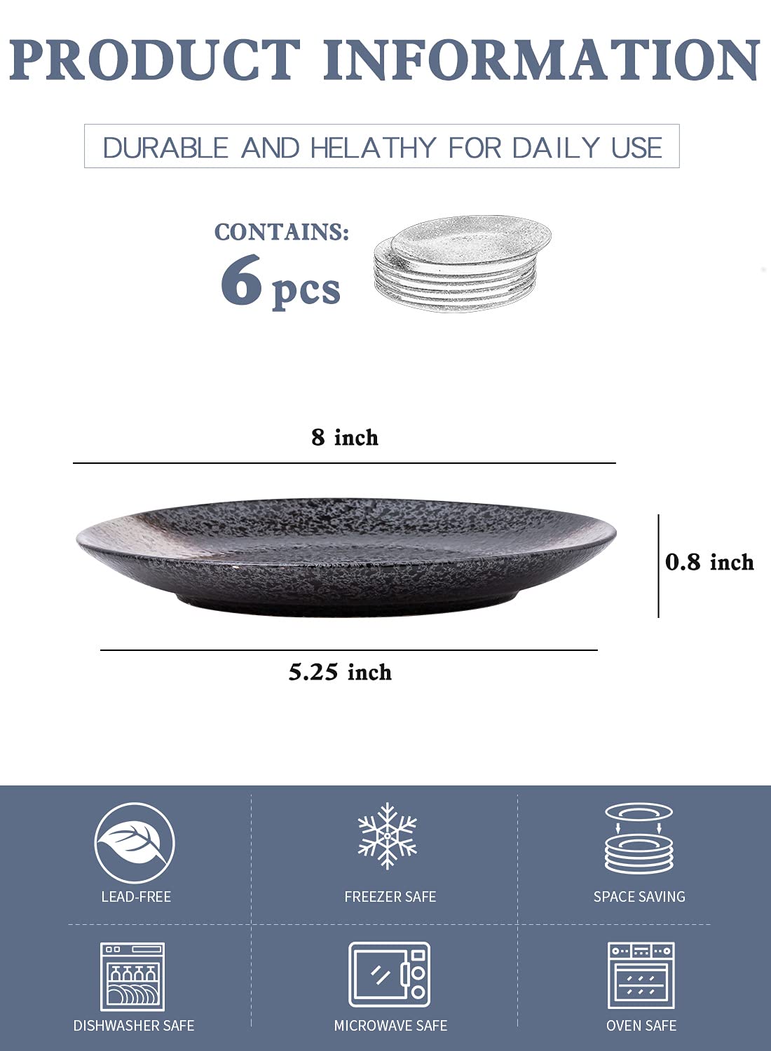 Kanwone Ceramic Dessert Salad Plates - Set of 6, 8 Inch, Kitchen Round Plates for Dessert, Salad, Snacks, Appetizers, Steak, Microwave, Oven and Dishwasher Safe, Black Glazed