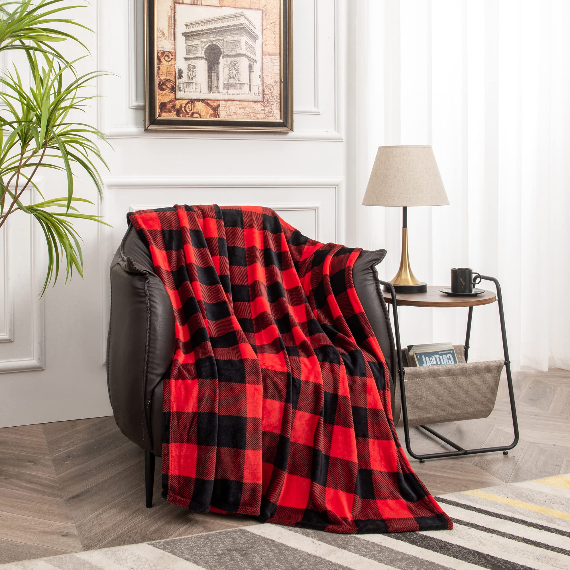 FFLMYUHUL I U Fuzzy Throw Blanket with Super Soft and Warm Throw Flannel Blanket … (Tz01-red Check, 50" L x 60" W)