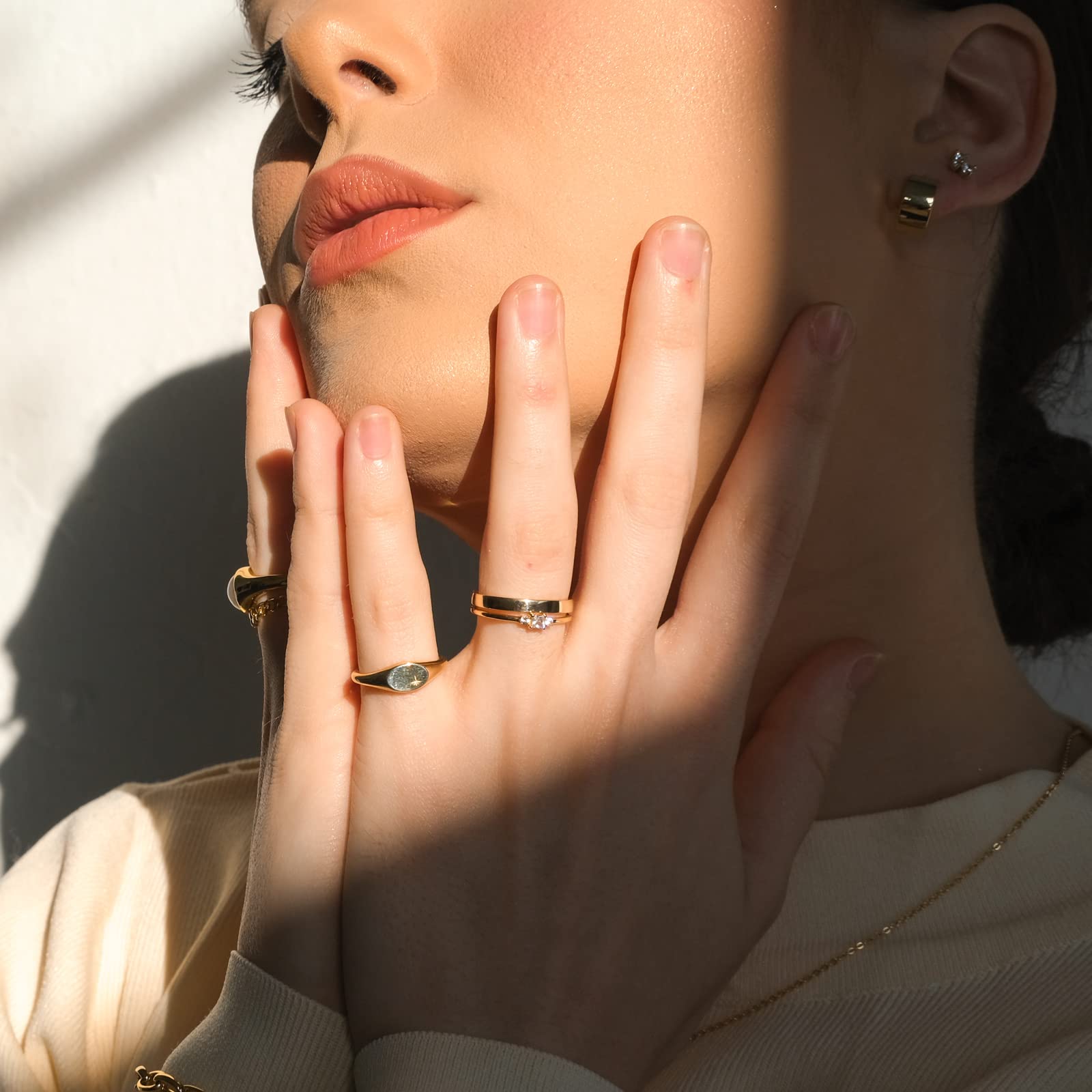 espere 18K Gold Plated Tiny Signet Ring Oval Pinky Stacking Ring North Star Dainty Gold Rings for Women