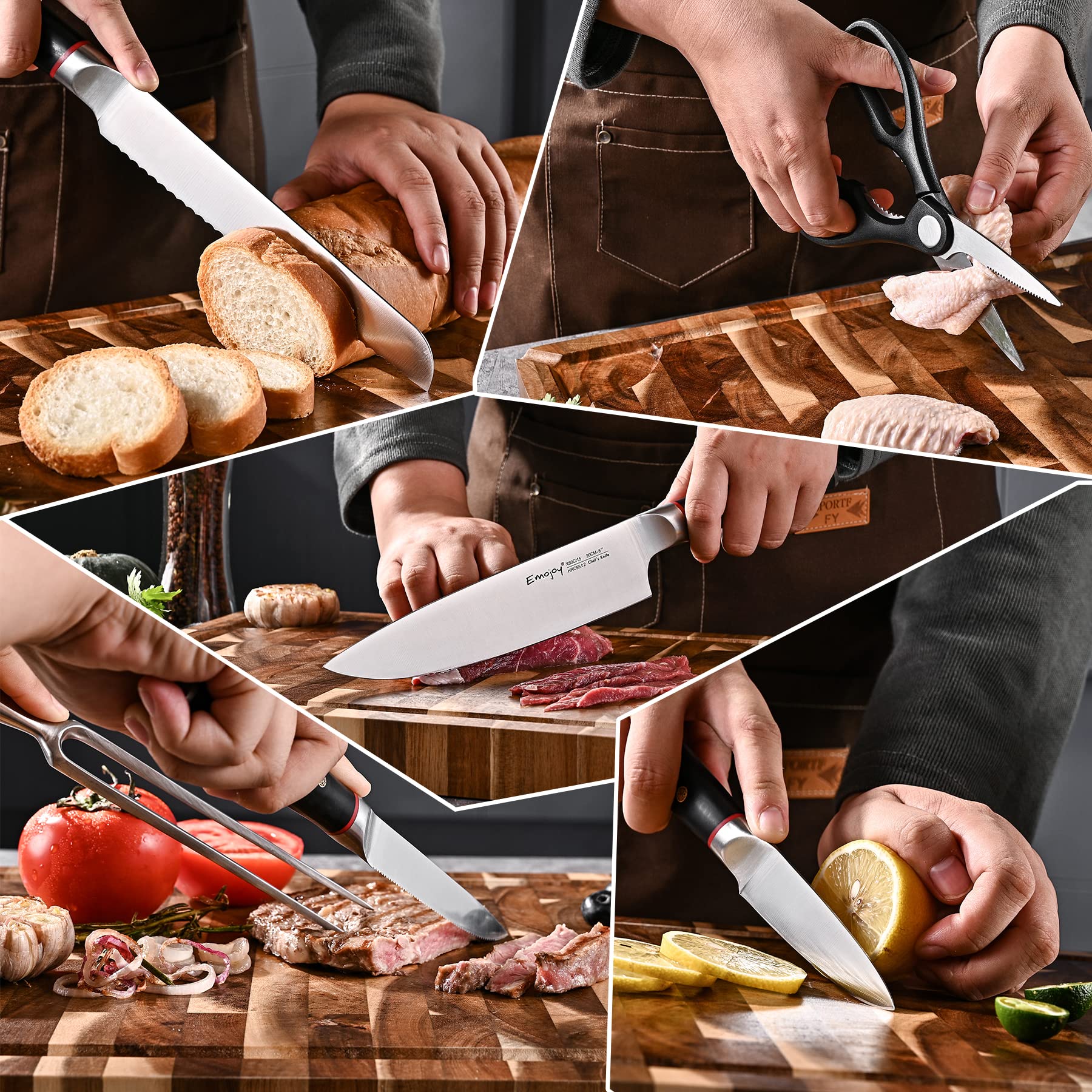 Emojoy Knife Set, 16-Piece Kitchen Knife Set with Block and Serrated Steak Knives, Germany High Carbon Stainless Steel Knife Block Set