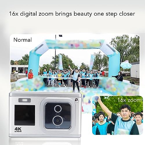 HD 4K Digital Camera, Autofocus Compact Digital Camera Dual Lens Dual Screen for Photography (Silver)