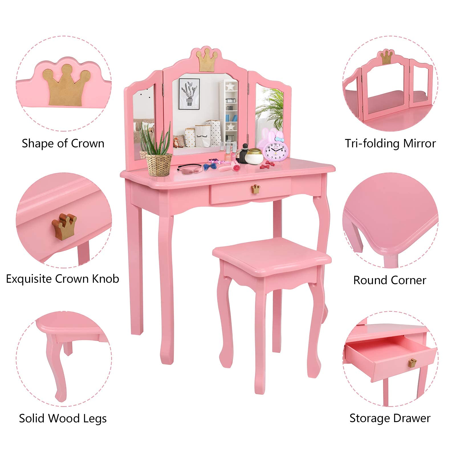 VALUE BOX Kids Vanity Table and Chair Set, 2 in 1 Princess Makeup Dressing Table with Drawer & Tri-Folding Mirror, Child Pretend Beauty Play Vanity Set for Girls
