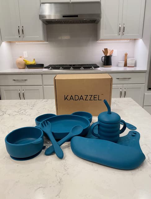 Kadazzel Baby Led Weaning Supply - 6 Piece Baby Feeding Set - including Silicone Suction Plate and Bowl, Baby Utensils,Sippy Cup, Soft Straw and Bib