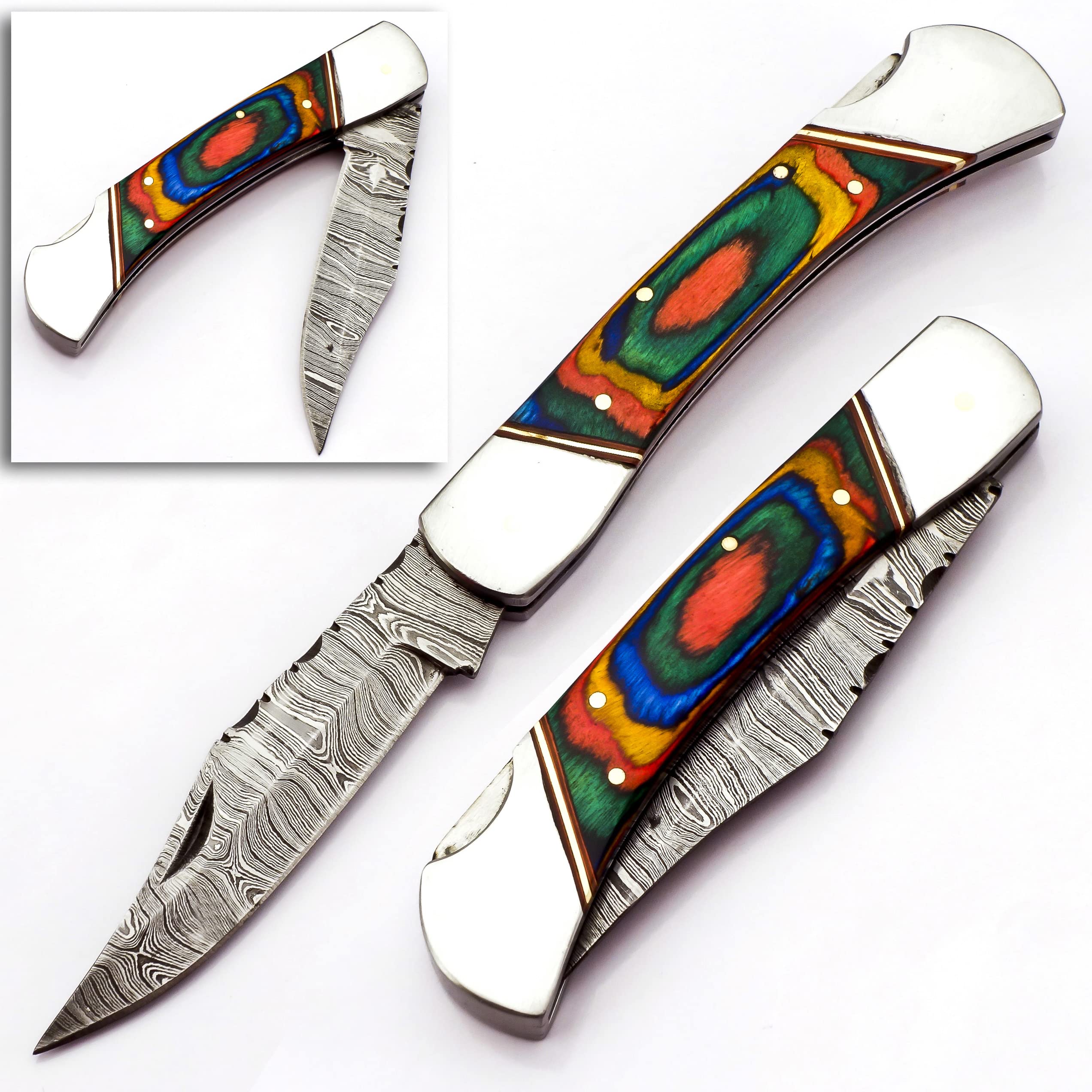 Generic Custom Hand Made Damascus Steel Hunting Folding Knife Handle Multi Color Pocket Knife with Back Lock (Multi Color) 9.00 INCHES LONG