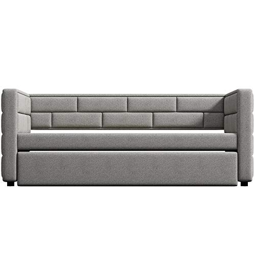 TARTOP Twin Upholstered Daybed with Trundle, Wooden Daybed Sofa Bed Frame with Padded Back, Twin Captain’s Bed for Living Room Bedroom,Gray