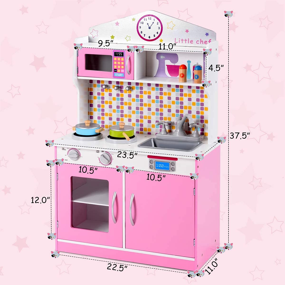 Fireflowery Kids Kitchen Playset, Wooden Cookware Set with Removable Sink, Pegs on The Wall, Microwave,Top Display Shelf, Play Kitchen for Toddlers 3+ (Pink)