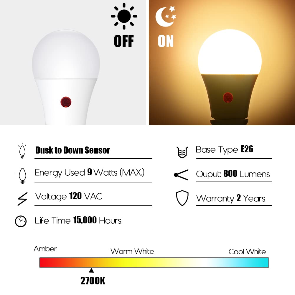Emotionlite LED Sensor Light Bulbs,Dusk to Dawn Sensor,Warm White LED Bulb,80 Watt Equivalent,Automatic On/Off, Garage, Hallway, Basement, A19 Size,10WE26 Medium Base,2 Pack