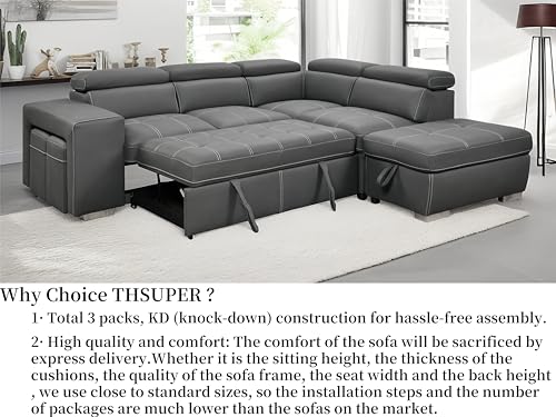 THSUPER 104'' Microfiber Sectional Sleeper Sofa with Pull-Out Bed, Sofa with Chaise & Storage Ottoman. 5 Seater L-Shaped Couch with Adjustable Headrest and Stools. Charcoal Grey