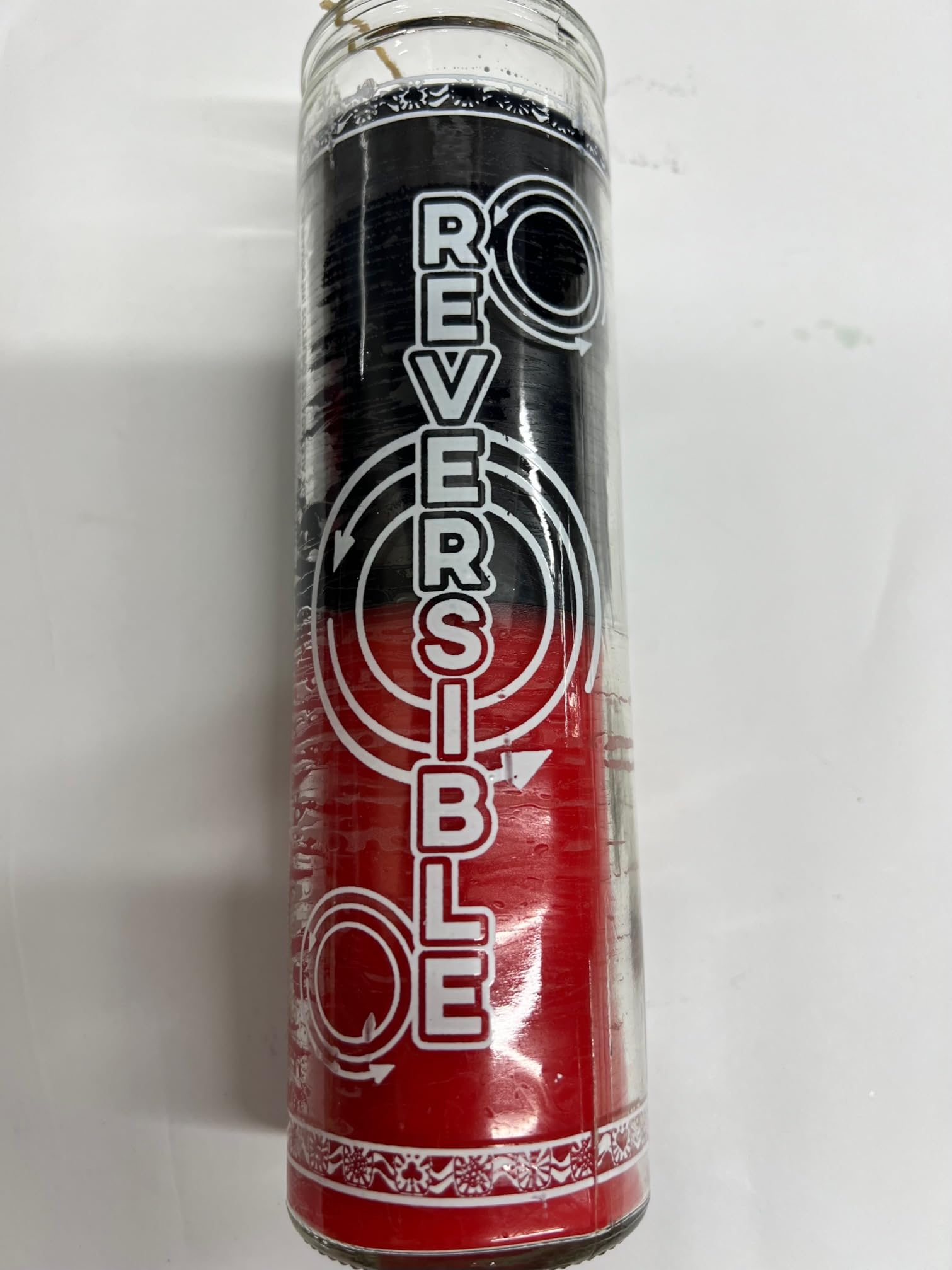 Reversible Double Action 2 Color (Black Over Red) Unscented Pillar Candle in Glass