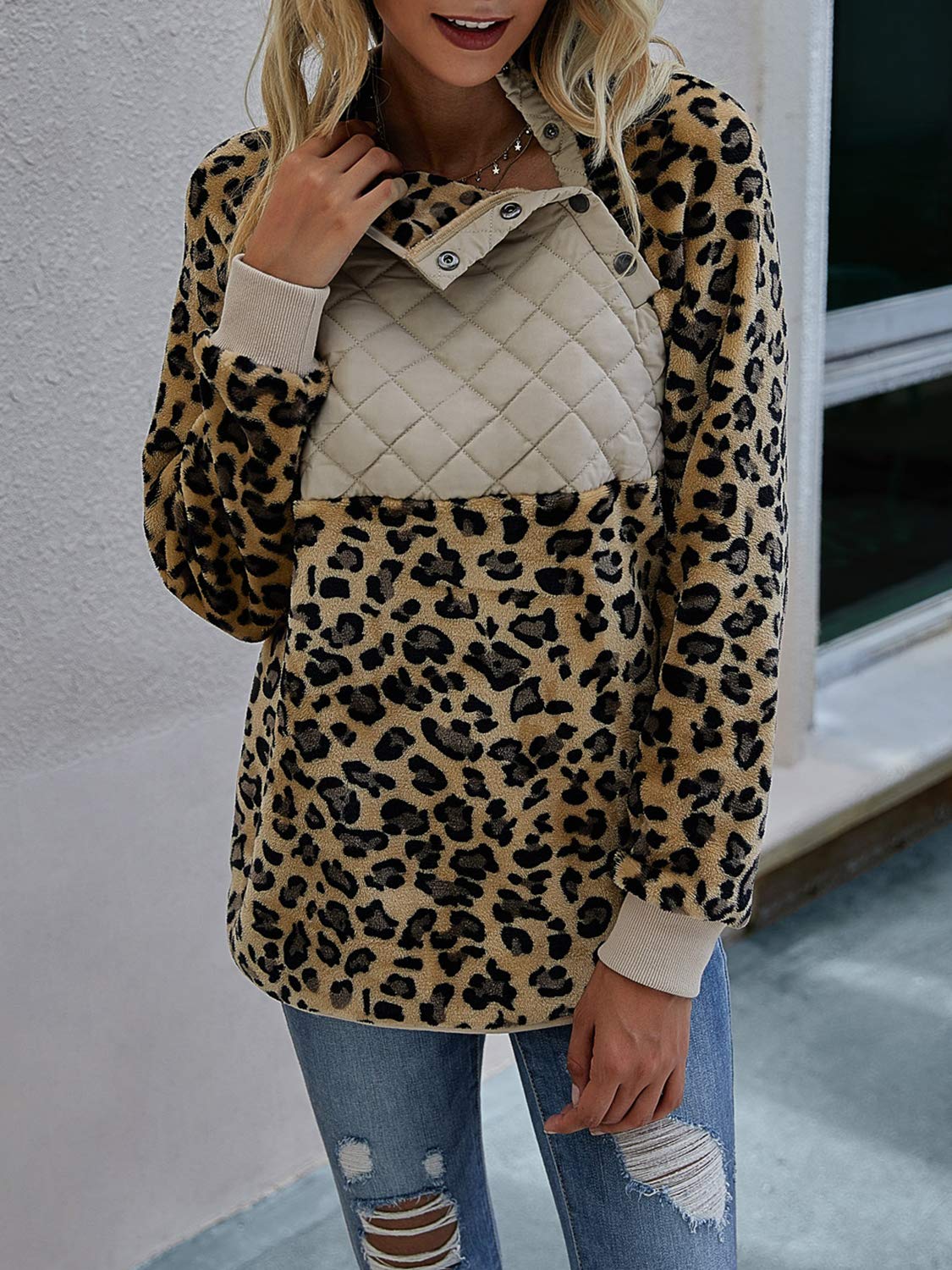 Glamaker Women's Leopard Print Long Sleeve Zipper Fuzzy Fleece Pullover Sweatshirt Oversized Sherpa Lapel Tops Outwear with Pockets Leopard-Khaki Large