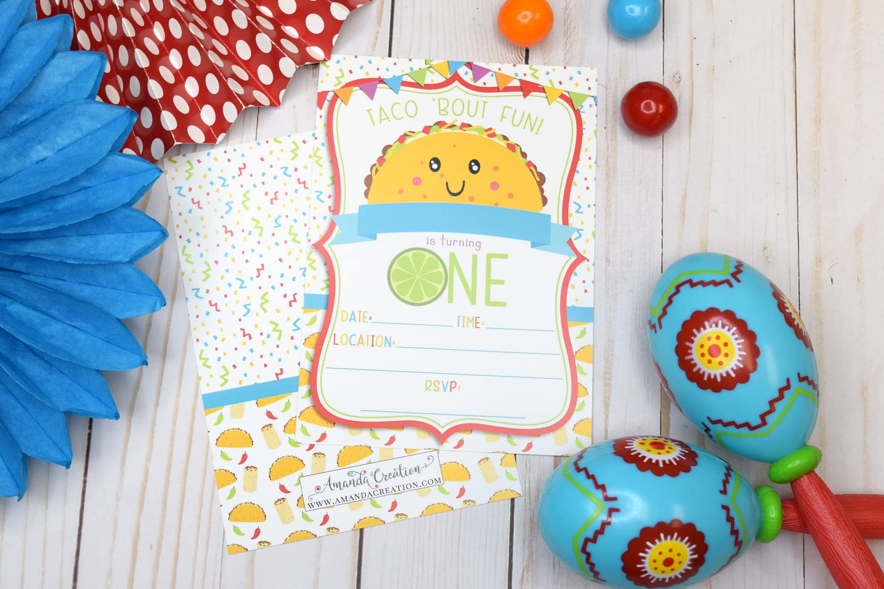 Taco 'Bout Fun Taco Themed First Birthday Fiesta Party Invitations, 20 5x7 Fill In Cards with Twenty White Envelopes by AmandaCreation