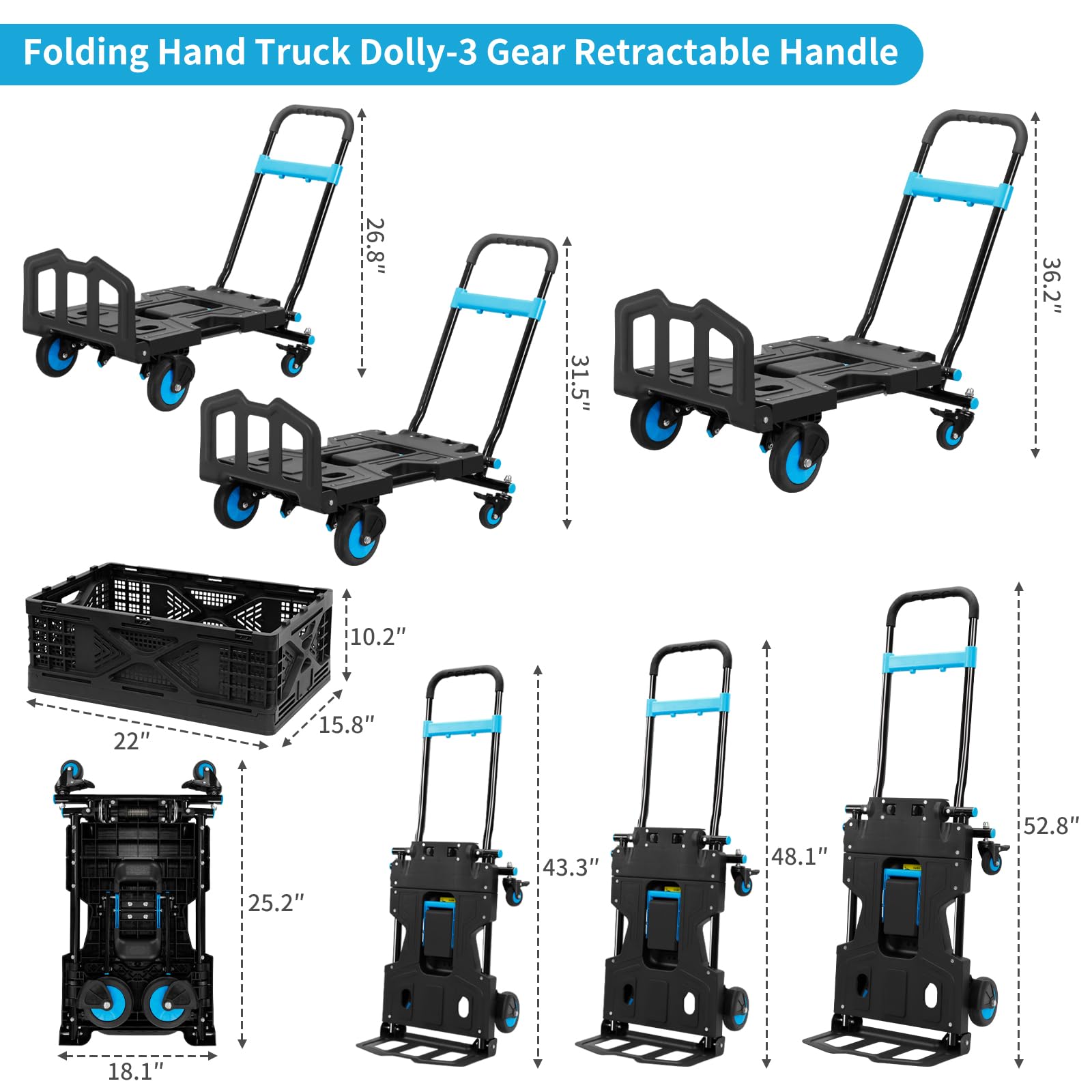 LemoHome Folding Hand Truck Dolly with Basket,Heavy Duty Truck Dolly,330LB Capacity Foldable Hand Cart,Portable Dolly with Telescoping Handle and Rubber Wheels,Dolly Cart with Bungee Cords for Moving