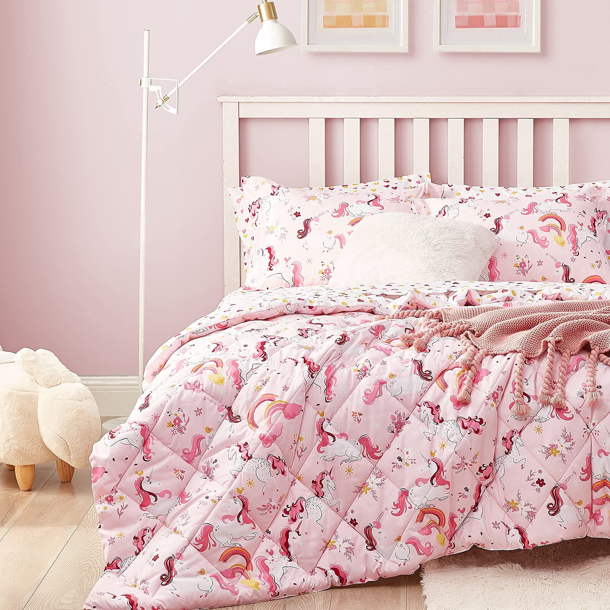UMCHORD Unicorn Kids Bedding Set for Girls, 5 Pieces Twin Size Bed in a Bag, Super Soft Lightweight Comforter Set with Sheets, Durable Children Bed Set