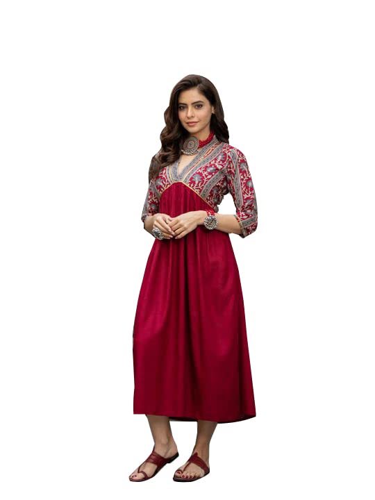 FIDOZA Women's Rayon Printed Anarkali Embroidery Kurti | Pakistani Style Rayon Printed Kurti For Women | Ready to wear (Red, L)