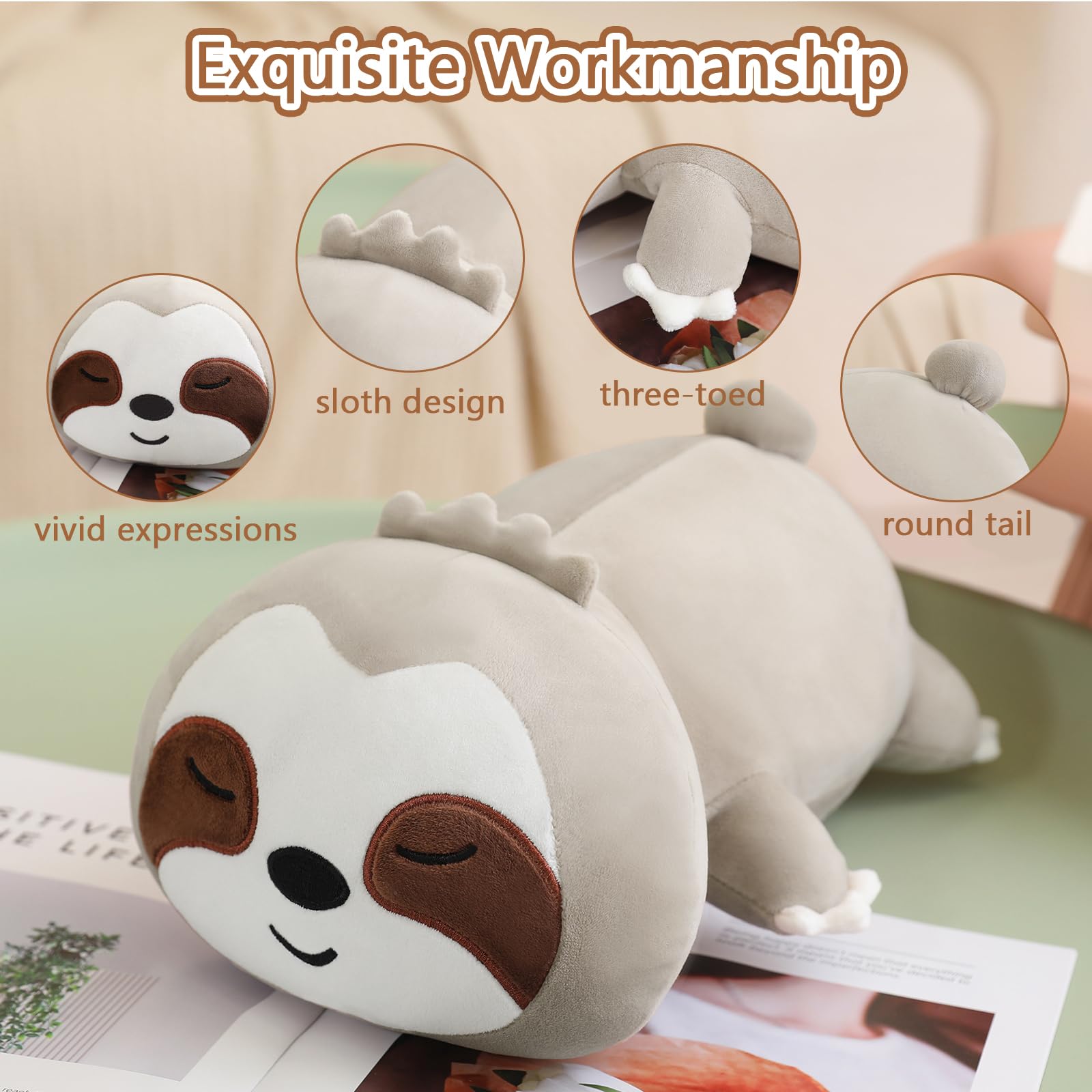 SQEQE Weighted Sloth Plush, Weighted Sloth Stuffed Animal for Anxiety, Cute Sloth Plushies Sloth Pillow Toy Gift for Kids Adults Brown 9.8 Inch, 0.8 lbs