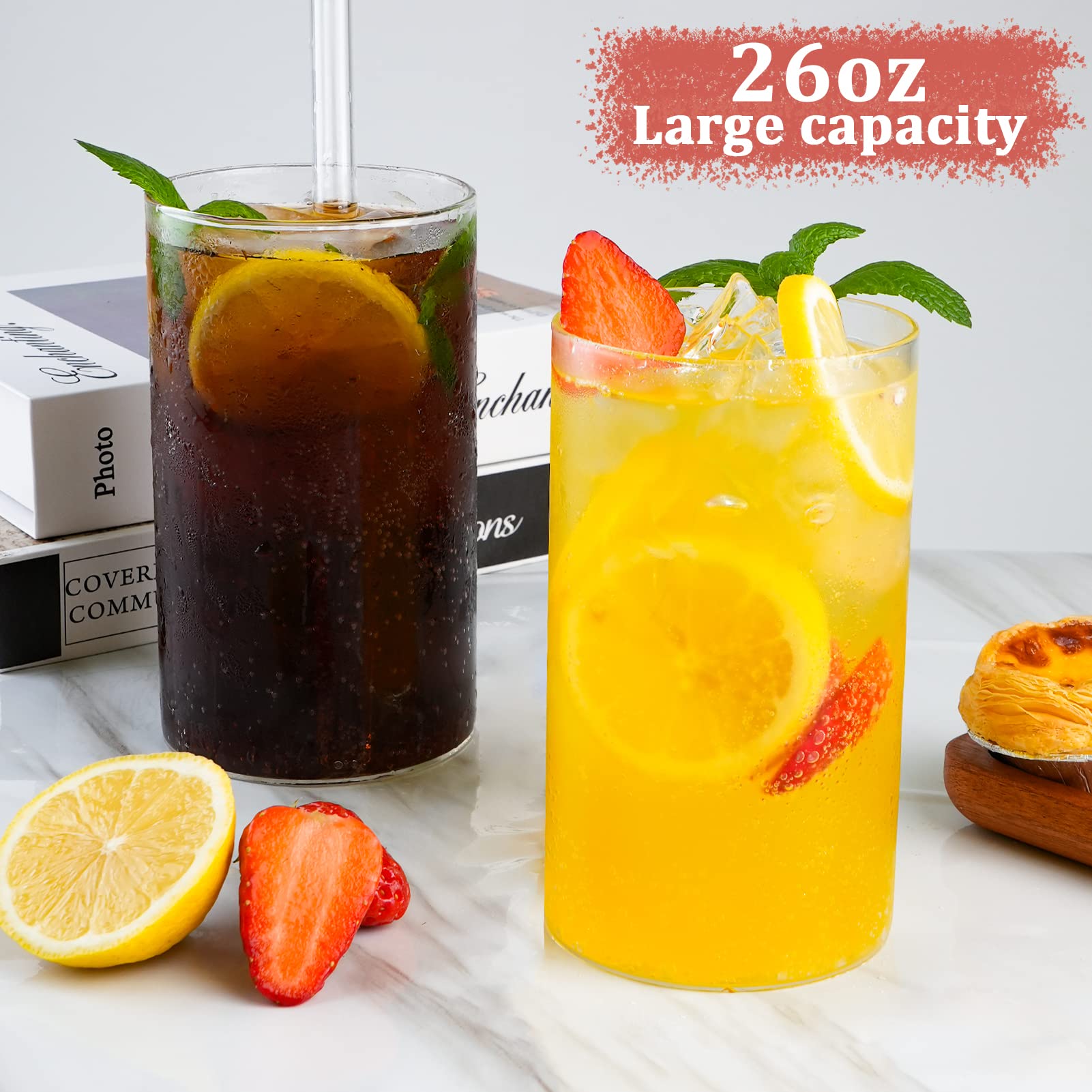 Glass Cups with Lids and Straws, 26oz Borosilicate Glass Tumbler with Straws and Bamboo Lids Reusable Clear Iced Coffee Cups for Coffee Milk Tea Juice DIY Drinks Coffee Bar Accessories- 2 Pack